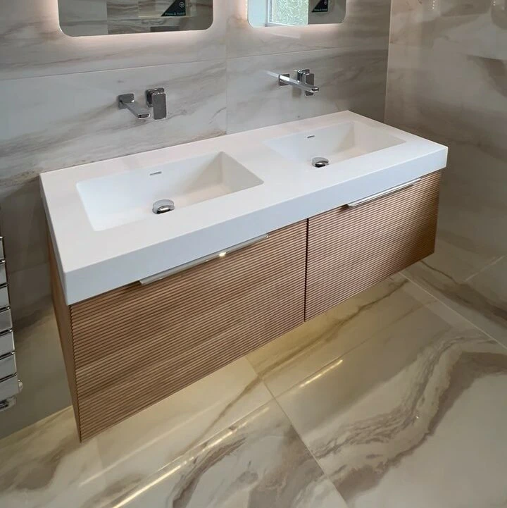 Linea Oak Wall Hung Handleless Vanity Unit with Seamless basins